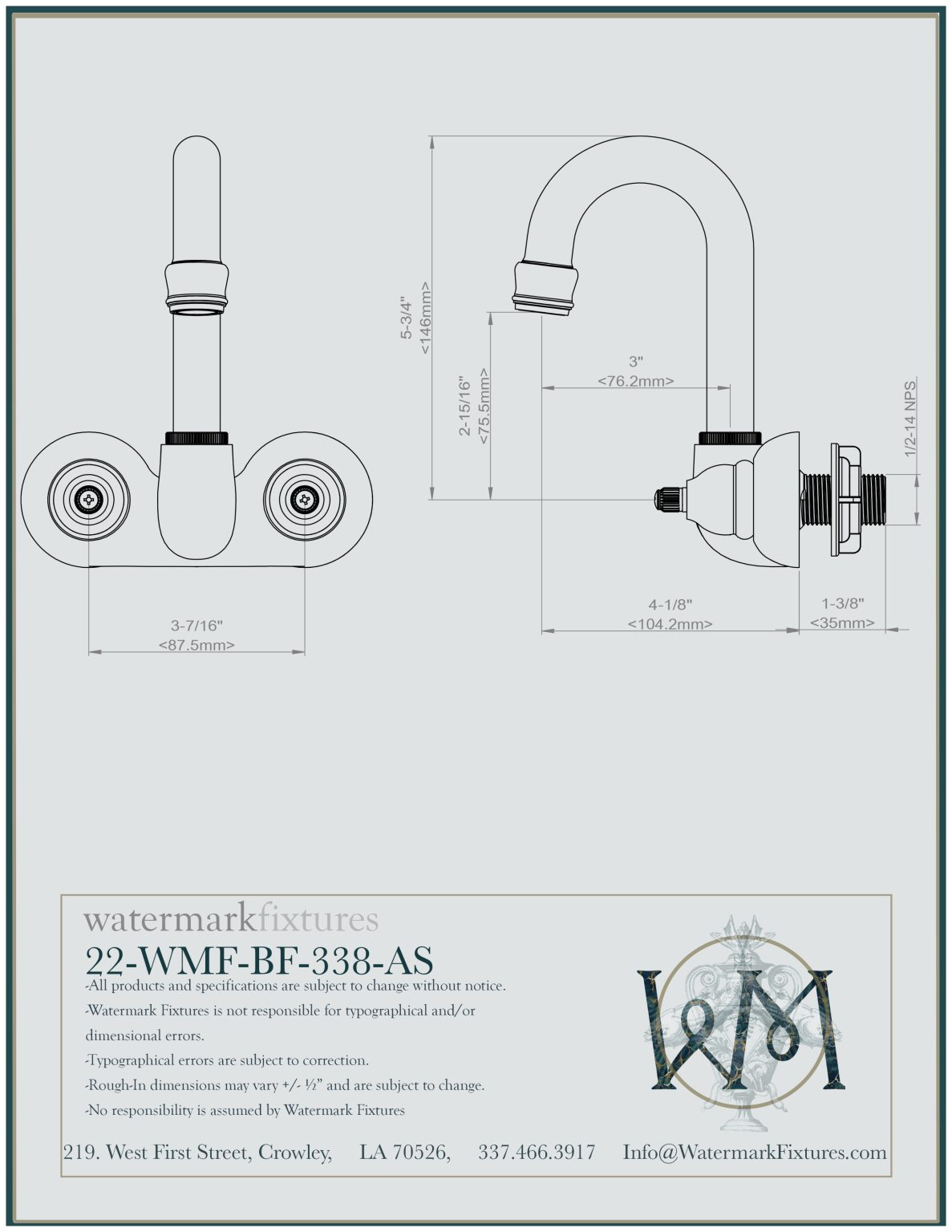 Arched Spout 3 3/8ths Small Wall Mount Gooseneck Faucet 22-WMF-BF-338 ...